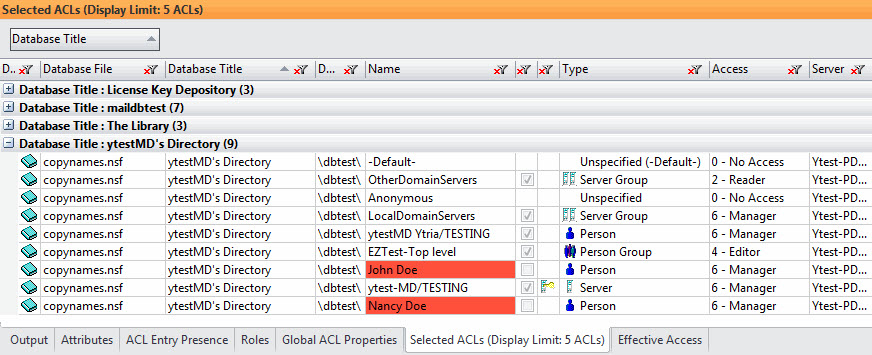 The Selected ACLs Grid in aclEZ